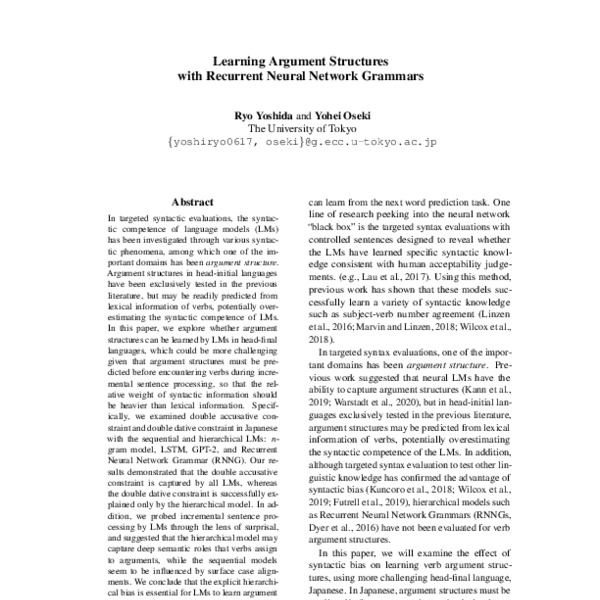 Learning Argument Structures With Recurrent Neural Network Grammars Acl Anthology