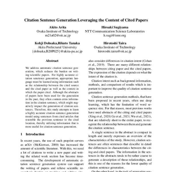 Citation Sentence Generation Leveraging the Content of Cited Papers ...