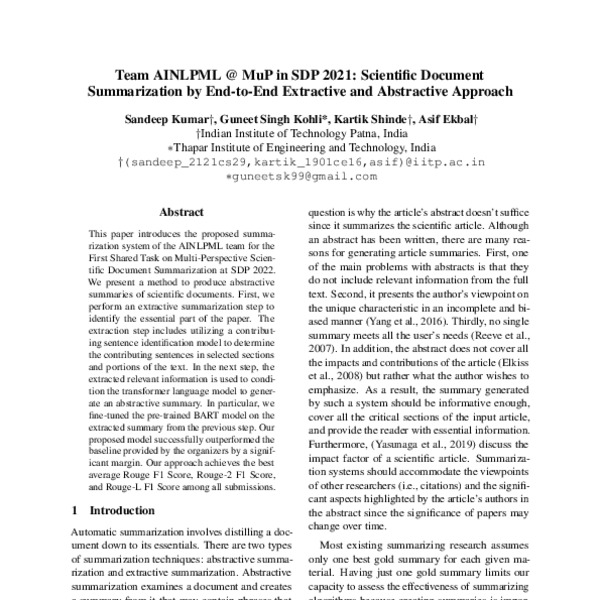 Team AINLPML @ MuP in SDP 2021: Scientific Document Summarization by End-to-End Extractive and ...