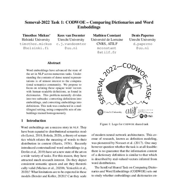 Semeval-2022 Task 1: CODWOE – Comparing Dictionaries and Word Embeddings - ACL Anthology