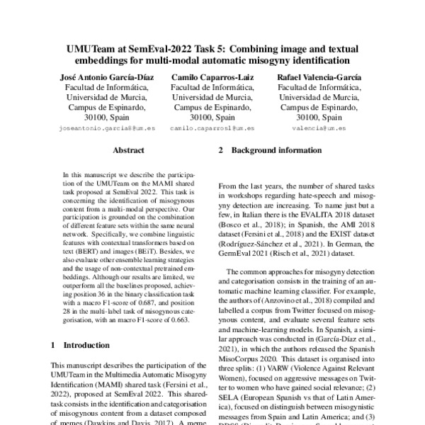 Umuteam At Semeval 2022 Task 5 Combining Image And Textual Embeddings For Multi Modal Automatic