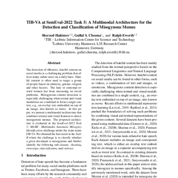 TIB-VA at SemEval-2022 Task 5: A Multimodal Architecture for the Detection and Classification of ...