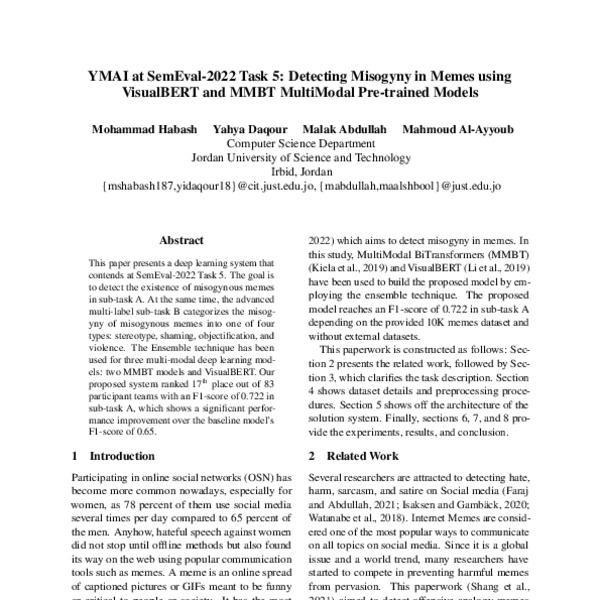 YMAI at SemEval-2022 Task 5: Detecting Misogyny in Memes using VisualBERT and MMBT MultiModal ...