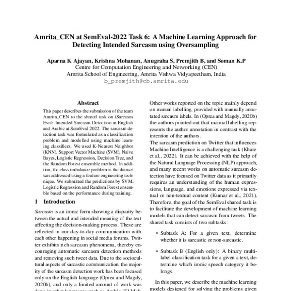 Amrita_CEN at SemEval-2022 Task 6: A Machine Learning Approach for Detecting Intended Sarcasm ...