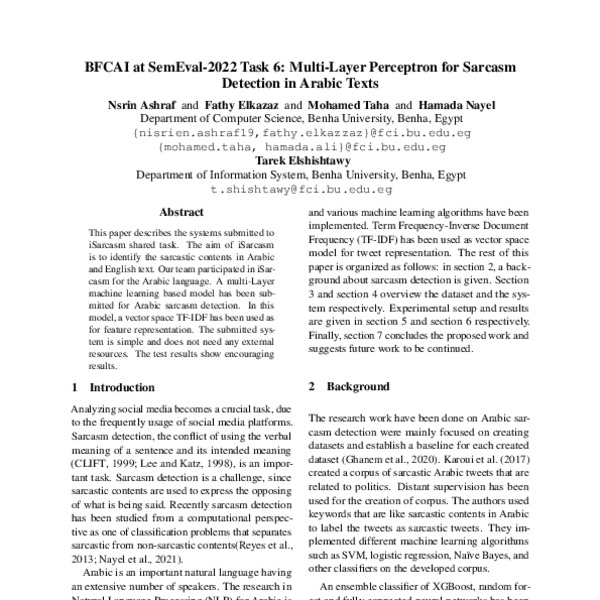 BFCAI at SemEval-2022 Task 6: Multi-Layer Perceptron for Sarcasm ...