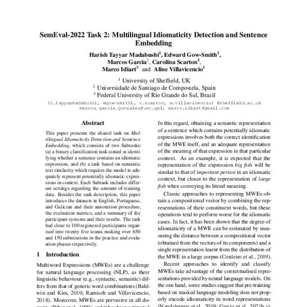 Semeval 2022 Task 2 Multilingual Idiomaticity Detection And Sentence Embedding Acl Anthology