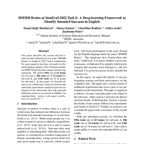 IISERB Brains at SemEval-2022 Task 6: A Deep-learning Framework to Identify Intended Sarcasm in ...