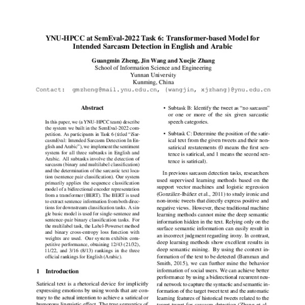 YNU-HPCC at SemEval-2022 Task 6: Transformer-based Model for Intended Sarcasm Detection in ...