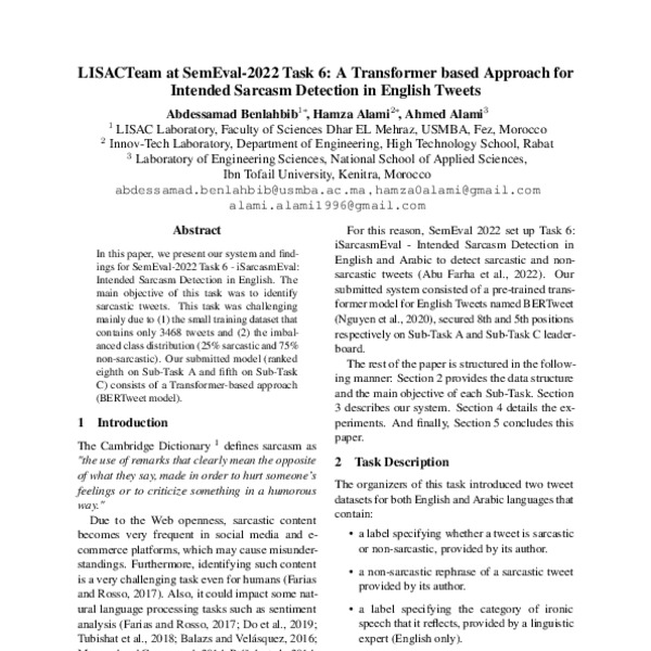 LISACTeam at SemEval-2022 Task 6: A Transformer based Approach for Intended Sarcasm Detection in ...