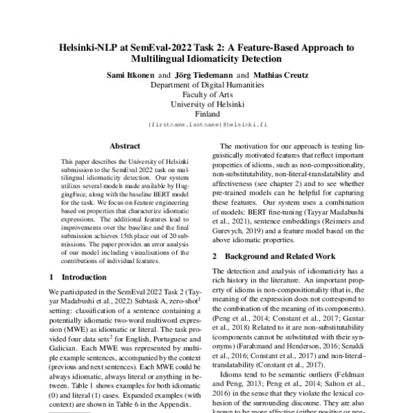 Helsinki Nlp At Semeval 2022 Task 2 A Feature Based Approach To Multilingual Idiomaticity