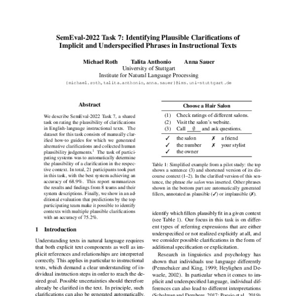SemEval-2022 Task 7: Identifying Plausible Clarifications of Implicit and Underspecified Phrases ...