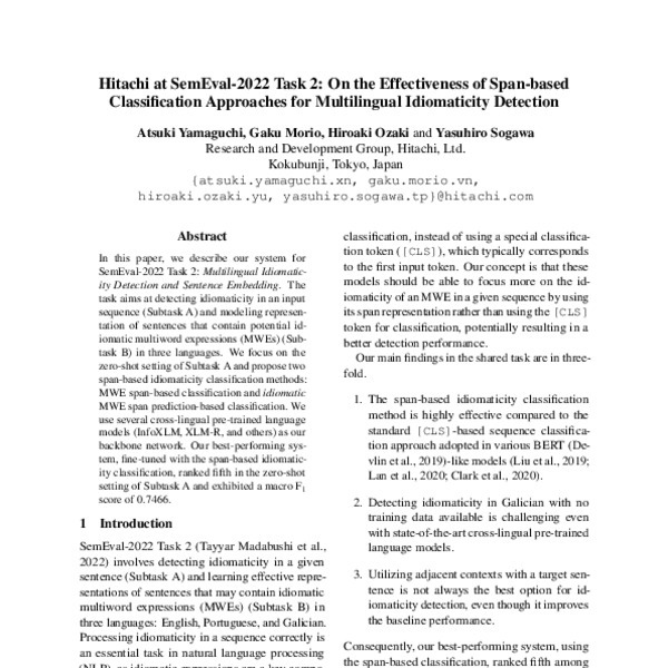 Hitachi at SemEval-2022 Task 2: On the Effectiveness of Span-based Classification Approaches for ...