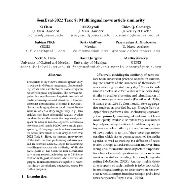 SemEval-2022 Task 8: Multilingual news article similarity - ACL Anthology