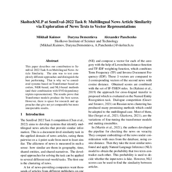 SkoltechNLP at SemEval-2022 Task 8: Multilingual News Article Similarity via Exploration of News ...