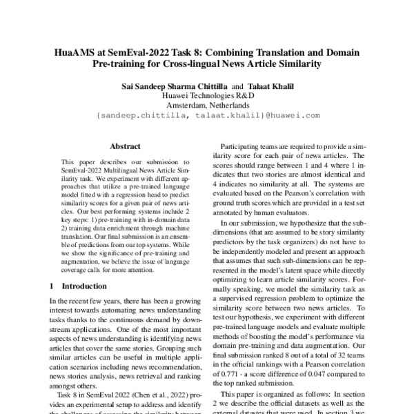 HuaAMS at SemEval-2022 Task 8: Combining Translation and Domain Pre-training for Cross-lingual ...