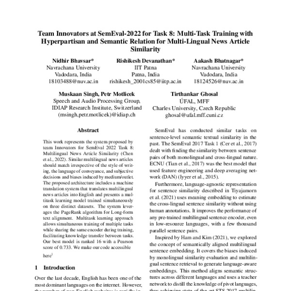 Team Innovators at SemEval-2022 for Task 8: Multi-Task Training with Hyperpartisan and Semantic ...