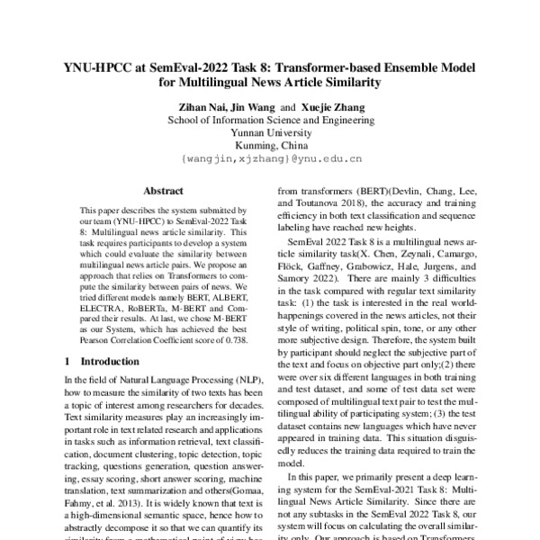 YNU-HPCC at SemEval-2022 Task 8: Transformer-based Ensemble Model for Multilingual News Article ...