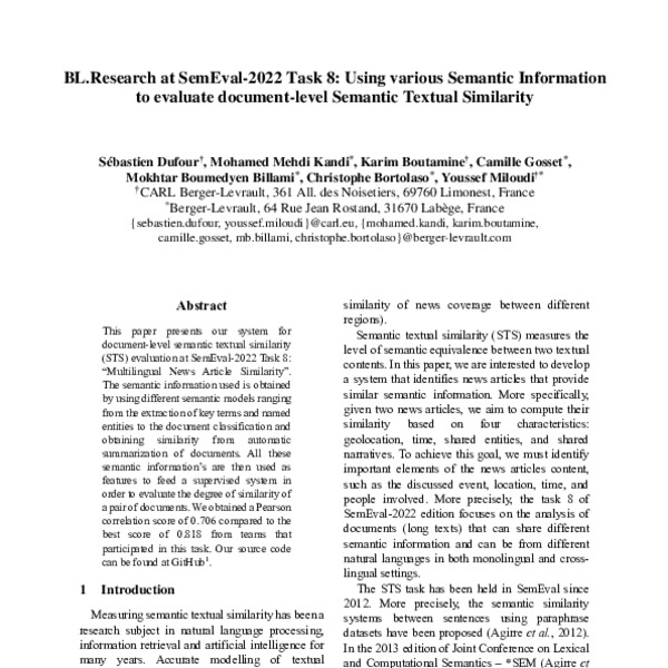 BL.Research at SemEval-2022 Task 8: Using various Semantic Information to evaluate document ...