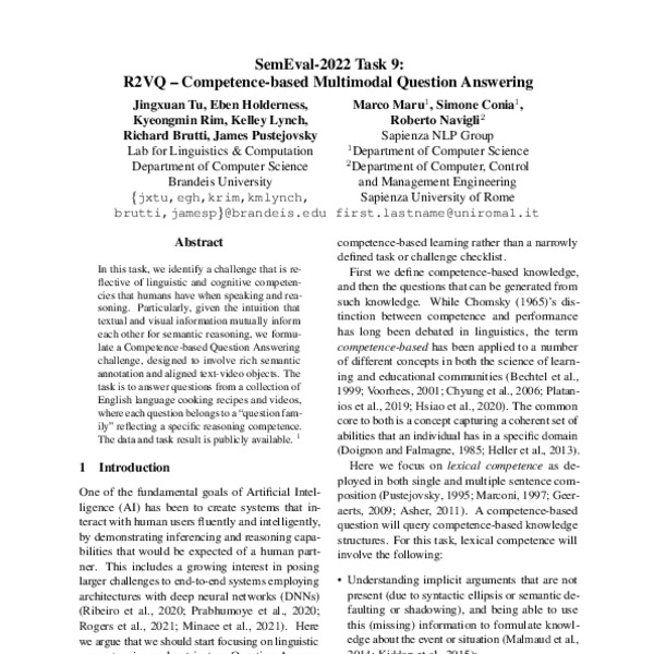 SemEval-2022 Task 9: R2VQ – Competence-based Multimodal Question Answering - ACL Anthology