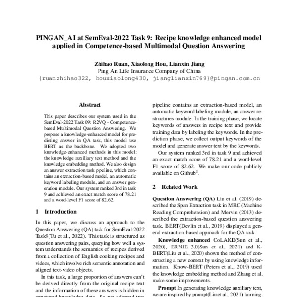PINGAN_AI at SemEval-2022 Task 9: Recipe knowledge enhanced model ...