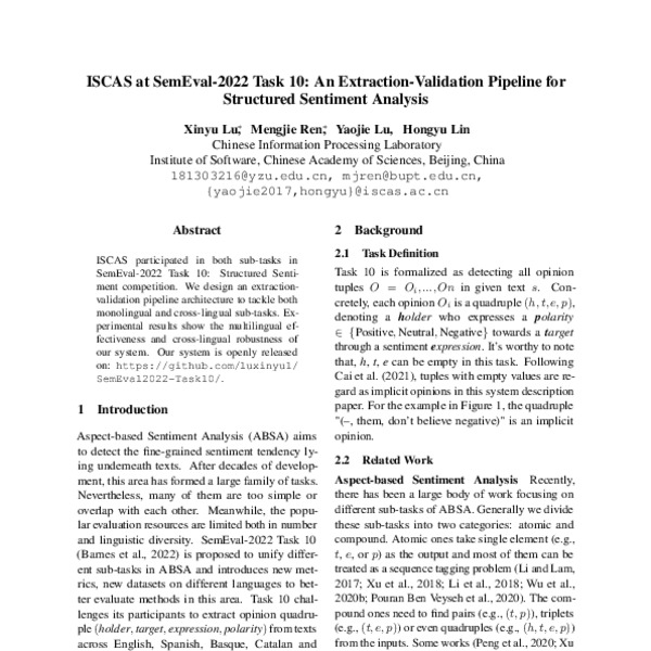 ISCAS at SemEval-2022 Task 10: An Extraction-Validation Pipeline for Structured Sentiment ...
