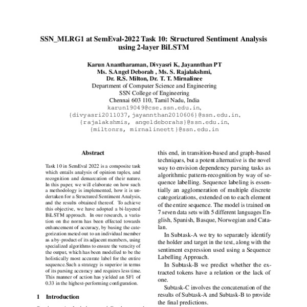 SSN_MLRG1 at SemEval-2022 Task 10: Structured Sentiment Analysis using 2-layer BiLSTM - ACL ...