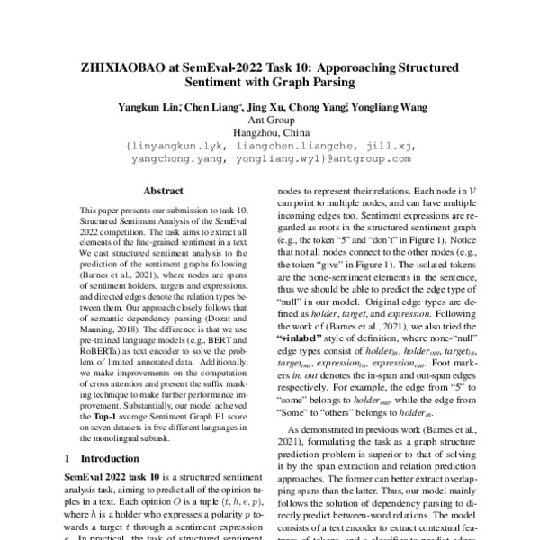 ZHIXIAOBAO at SemEval-2022 Task 10: Apporoaching Structured Sentiment with Graph Parsing - ACL ...