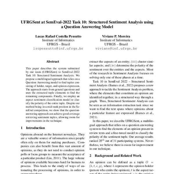 UFRGSent at SemEval-2022 Task 10: Structured Sentiment Analysis using a Question Answering Model ...