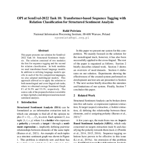 OPI at SemEval-2022 Task 10: Transformer-based Sequence Tagging with Relation Classification for ...