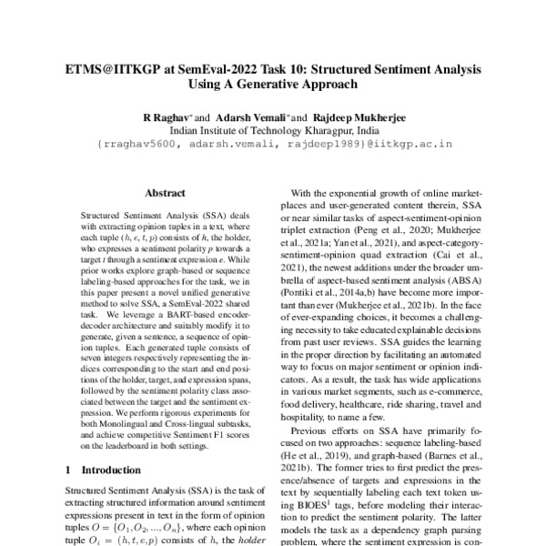 ETMS@IITKGP at SemEval-2022 Task 10: Structured Sentiment Analysis Using A Generative Approach ...