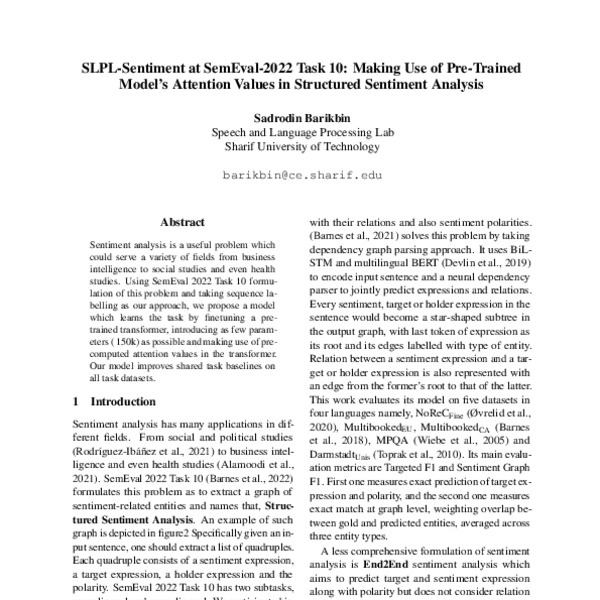 SLPL-Sentiment at SemEval-2022 Task 10: Making Use of Pre-Trained Model’s Attention Values in ...