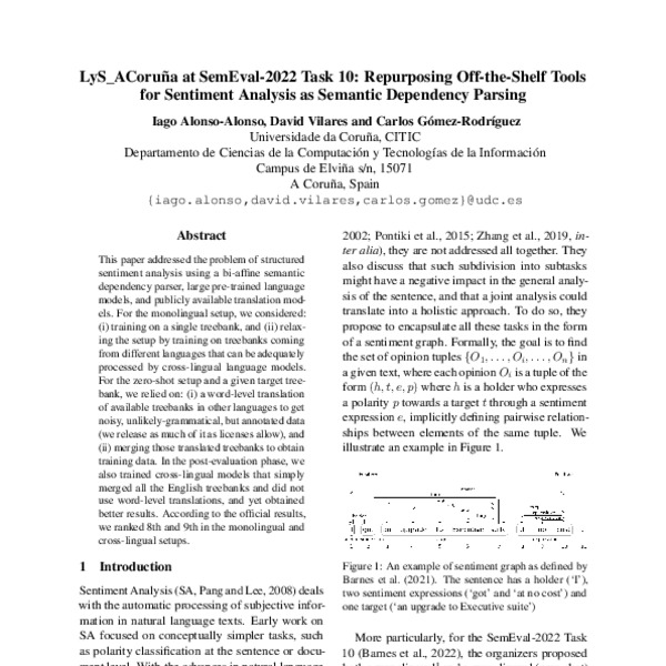 LyS_ACoruña at SemEval-2022 Task 10: Repurposing Off-the-Shelf Tools for Sentiment Analysis as ...