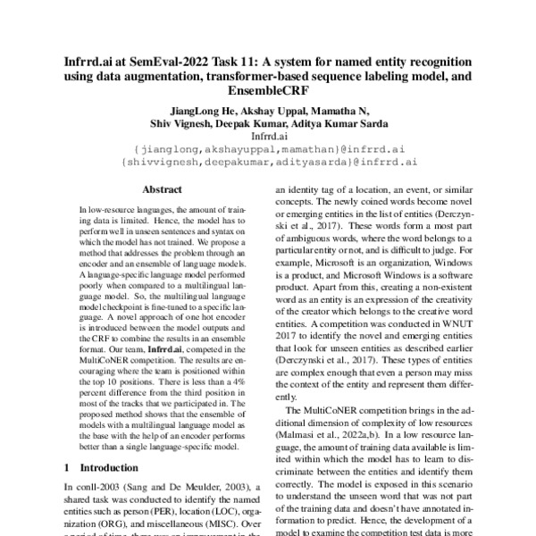 Infrrd.ai at SemEval-2022 Task 11: A system for named entity recognition using data augmentation ...