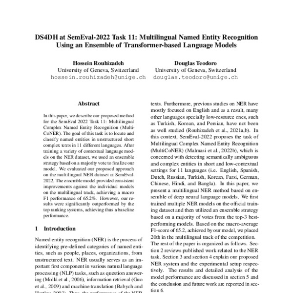 Ds4dh At Semeval 2022 Task 11 Multilingual Named Entity Recognition Using An Ensemble Of