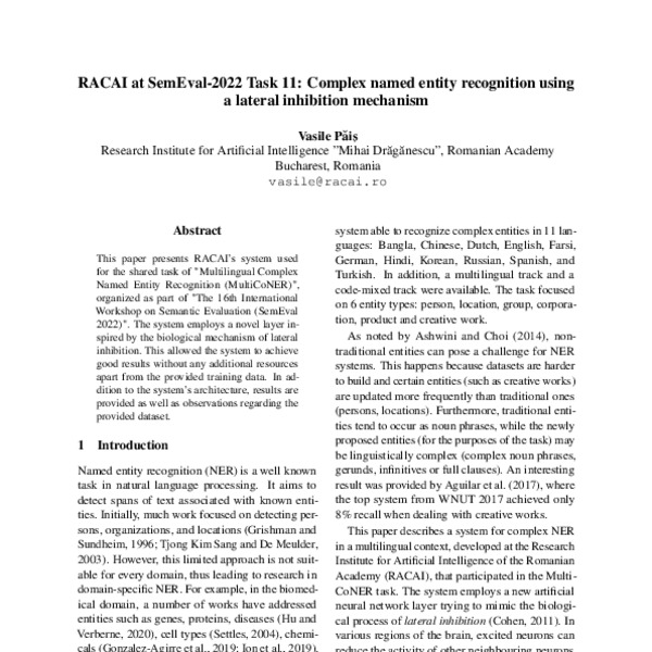 RACAI at SemEval-2022 Task 11: Complex named entity recognition using a lateral inhibition ...