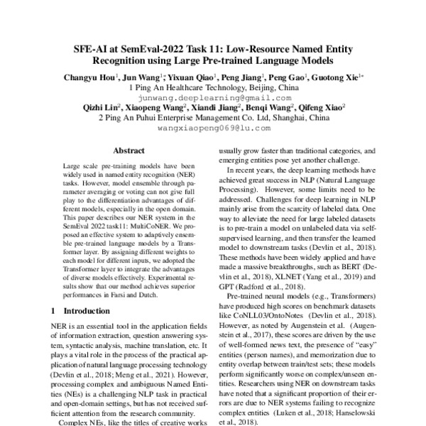SFE-AI at SemEval-2022 Task 11: Low-Resource Named Entity Recognition using Large Pre-trained ...