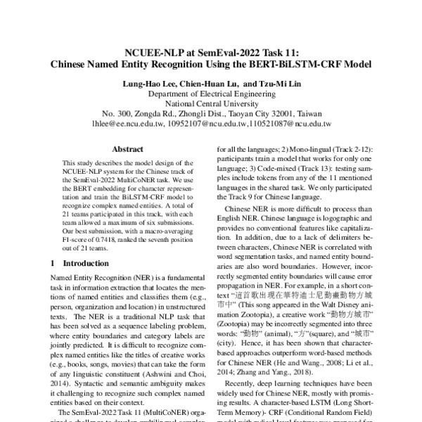 NCUEE-NLP at SemEval-2022 Task 11: Chinese Named Entity Recognition Using the BERT-BiLSTM-CRF ...
