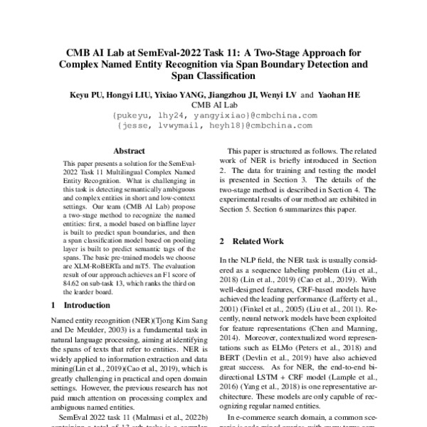 CMB AI Lab at SemEval-2022 Task 11: A Two-Stage Approach for Complex Named Entity Recognition ...