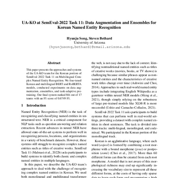 UA-KO at SemEval-2022 Task 11: Data Augmentation and Ensembles for Korean Named Entity ...