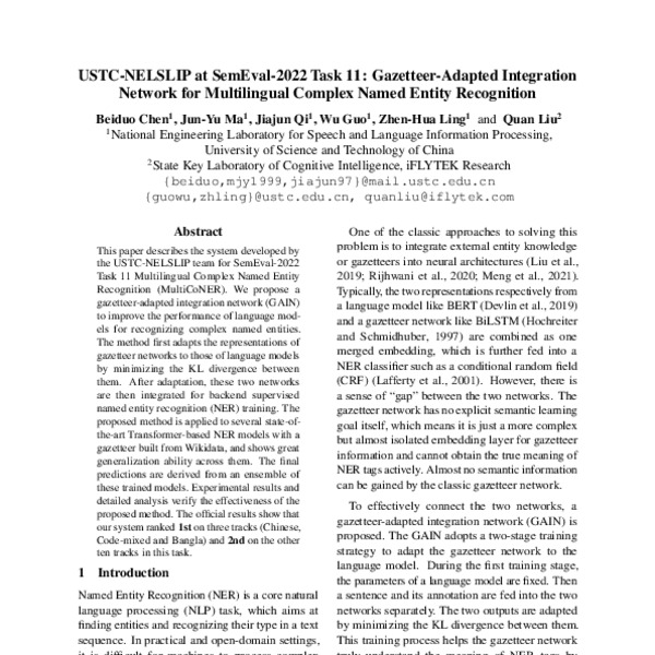 USTC-NELSLIP at SemEval-2022 Task 11: Gazetteer-Adapted Integration Network for Multilingual ...