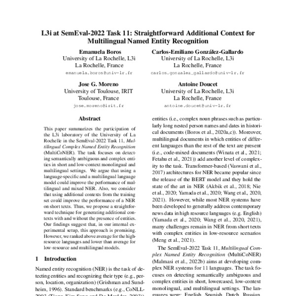 L3i at SemEval-2022 Task 11: Straightforward Additional Context for Multilingual Named Entity ...