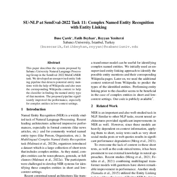 Su Nlp At Semeval 2022 Task 11 Complex Named Entity Recognition With Entity Linking Acl Anthology