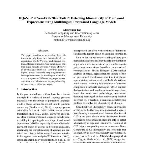 HiJoNLP at SemEval-2022 Task 2: Detecting Idiomaticity of Multiword Expressions using ...