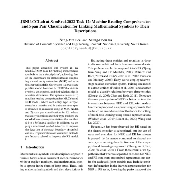 JBNU-CCLab at SemEval-2022 Task 12: Machine Reading Comprehension and Span Pair Classification ...