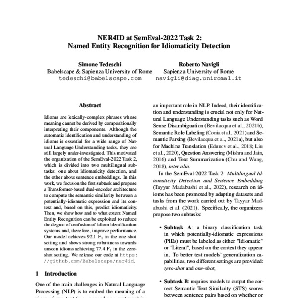 Ner4id At Semeval 2022 Task 2 Named Entity Recognition For Idiomaticity Detection Acl Anthology