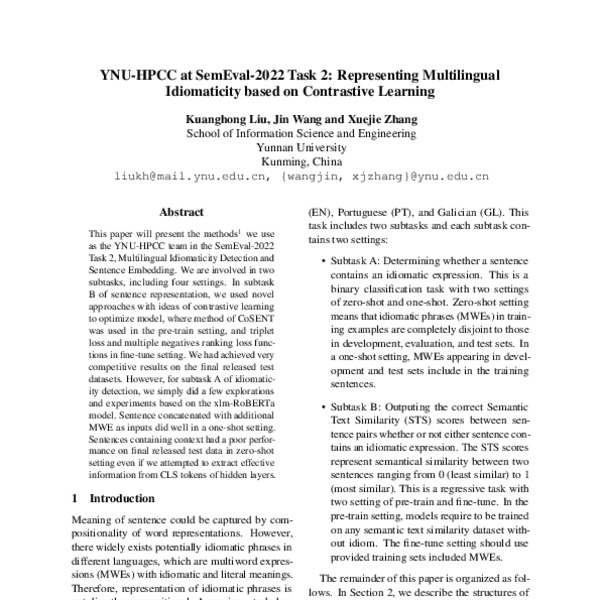 Ynu Hpcc At Semeval 2022 Task 2 Representing Multilingual Idiomaticity Based On Contrastive