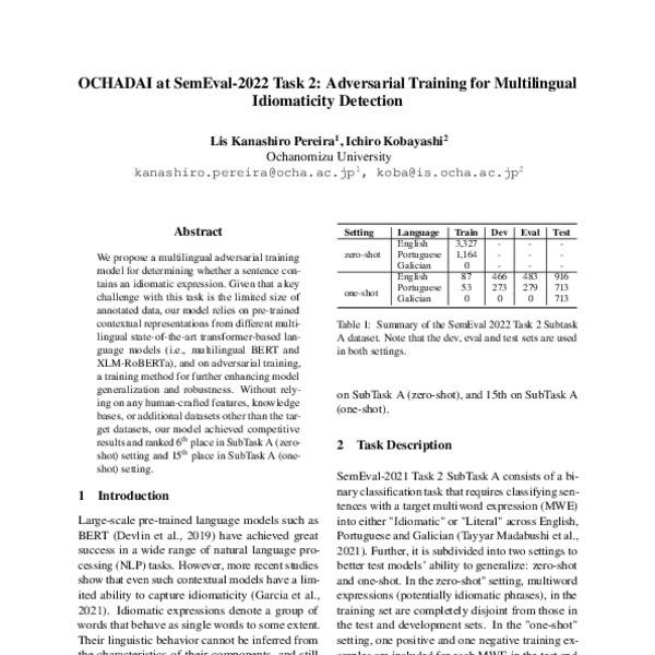 OCHADAI at SemEval-2022 Task 2: Adversarial Training for Multilingual Idiomaticity Detection ...