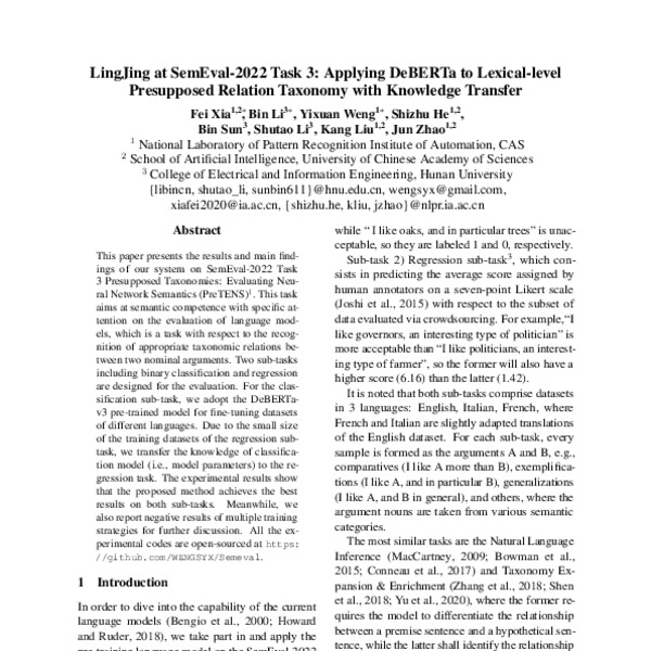 LingJing at SemEval-2022 Task 3: Applying DeBERTa to Lexical-level Presupposed Relation Taxonomy ...
