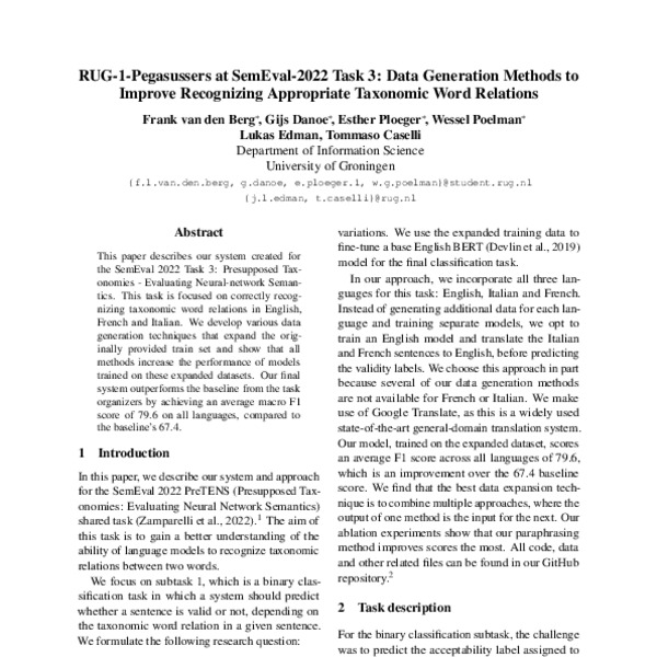 Rug 1 Pegasussers At Semeval 2022 Task 3 Data Generation Methods To Improve Recognizing