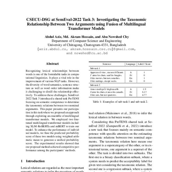 CSECU-DSG at SemEval-2022 Task 3: Investigating the Taxonomic Relationship Between Two Arguments ...